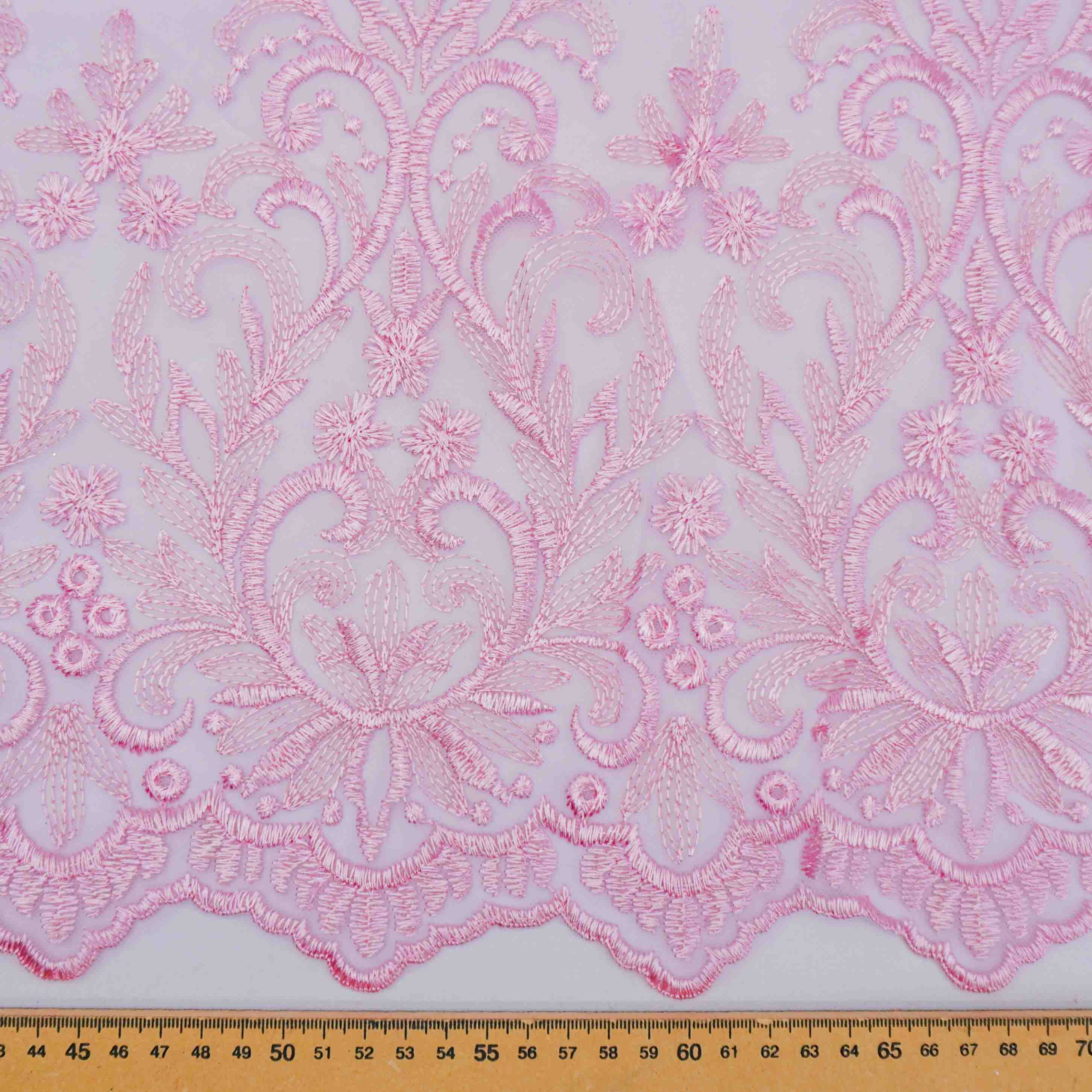 Tecido renda tule bordado floral rosa