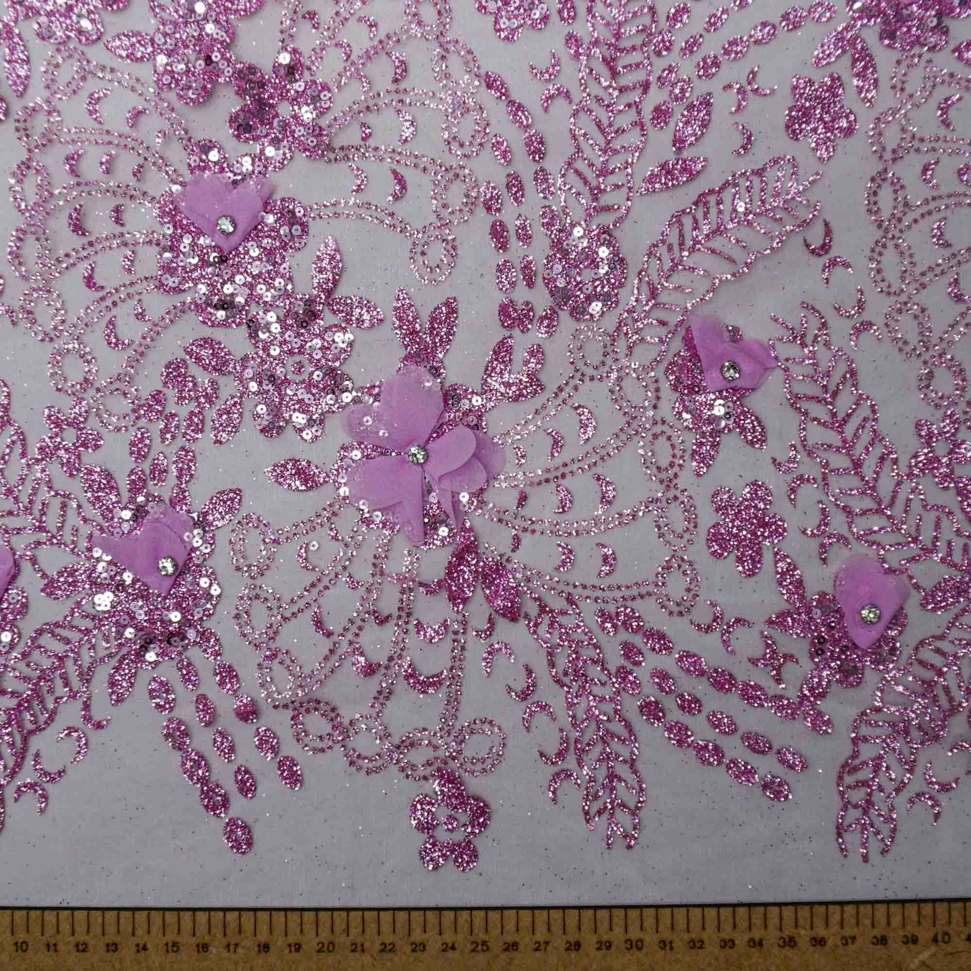 Tecido renda tule com gliter 3d bordado floral rosa bebê