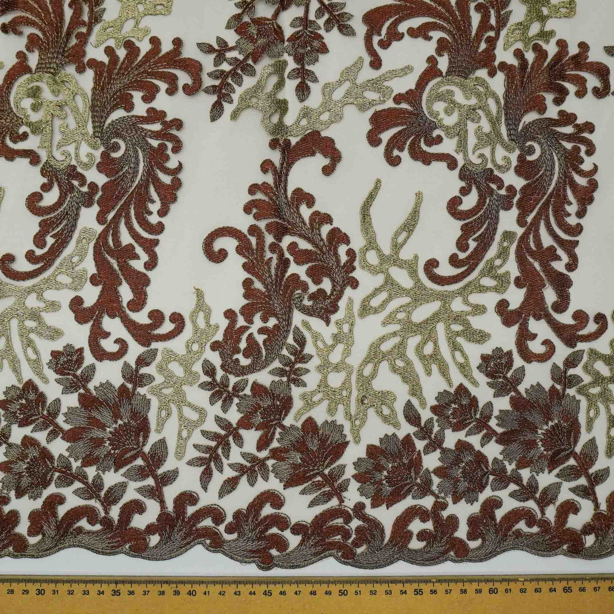 Tecido renda tule bordado marrom/dourado