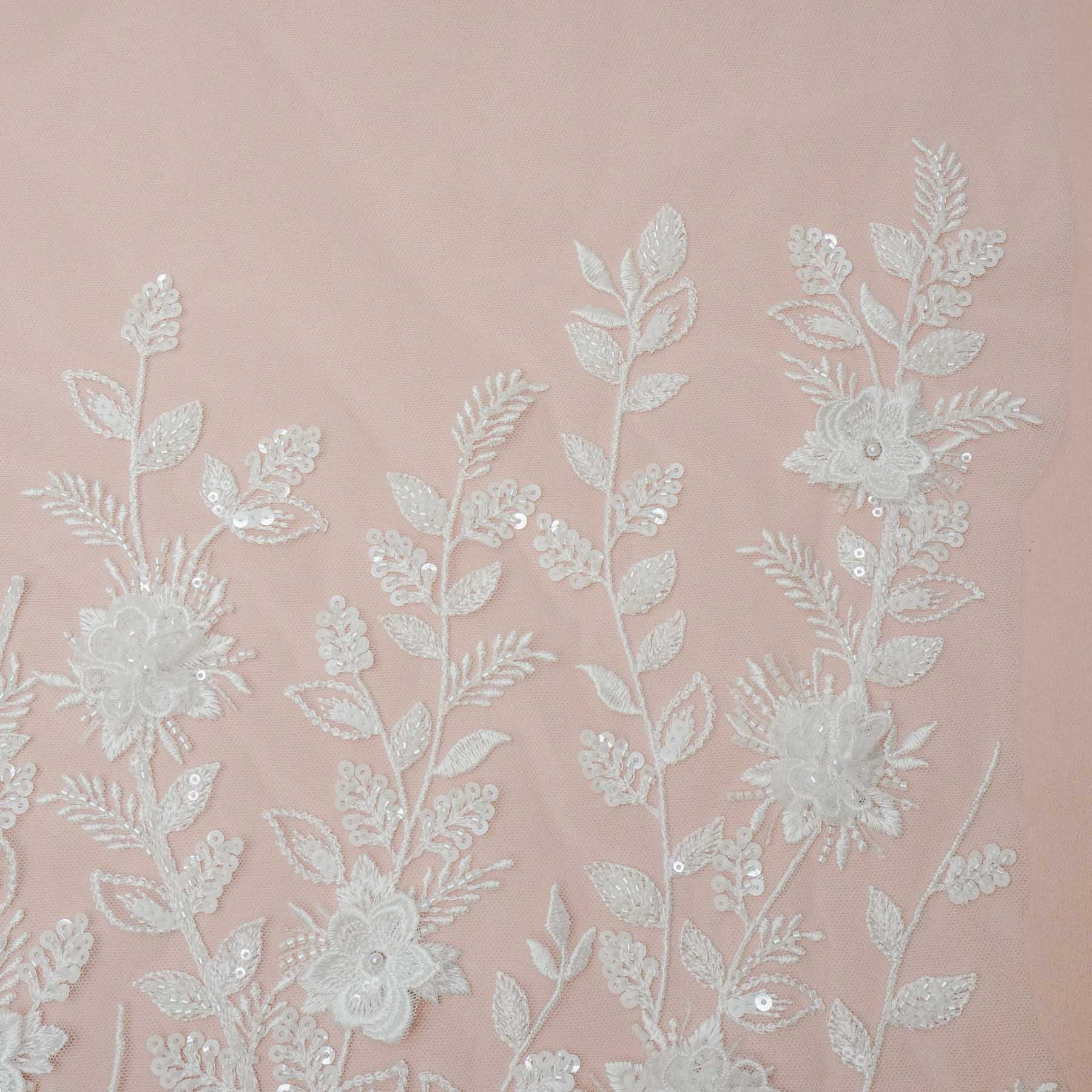 Tecido renda tule branco bordado - und 32cm x 130cm